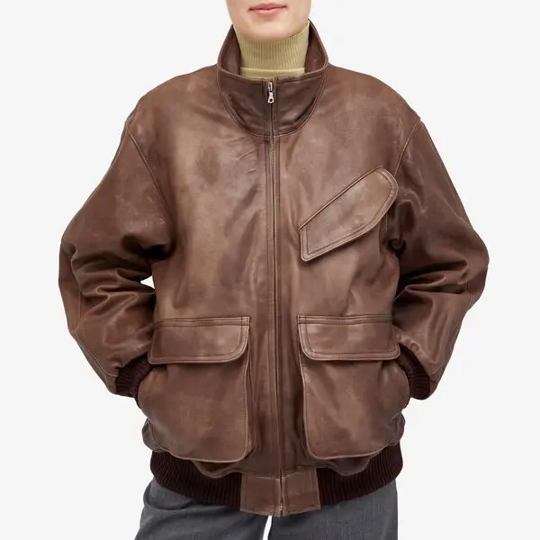 Auralee Heavy Lamb Leather Zip Blouson In Dark Brown - 35% Off